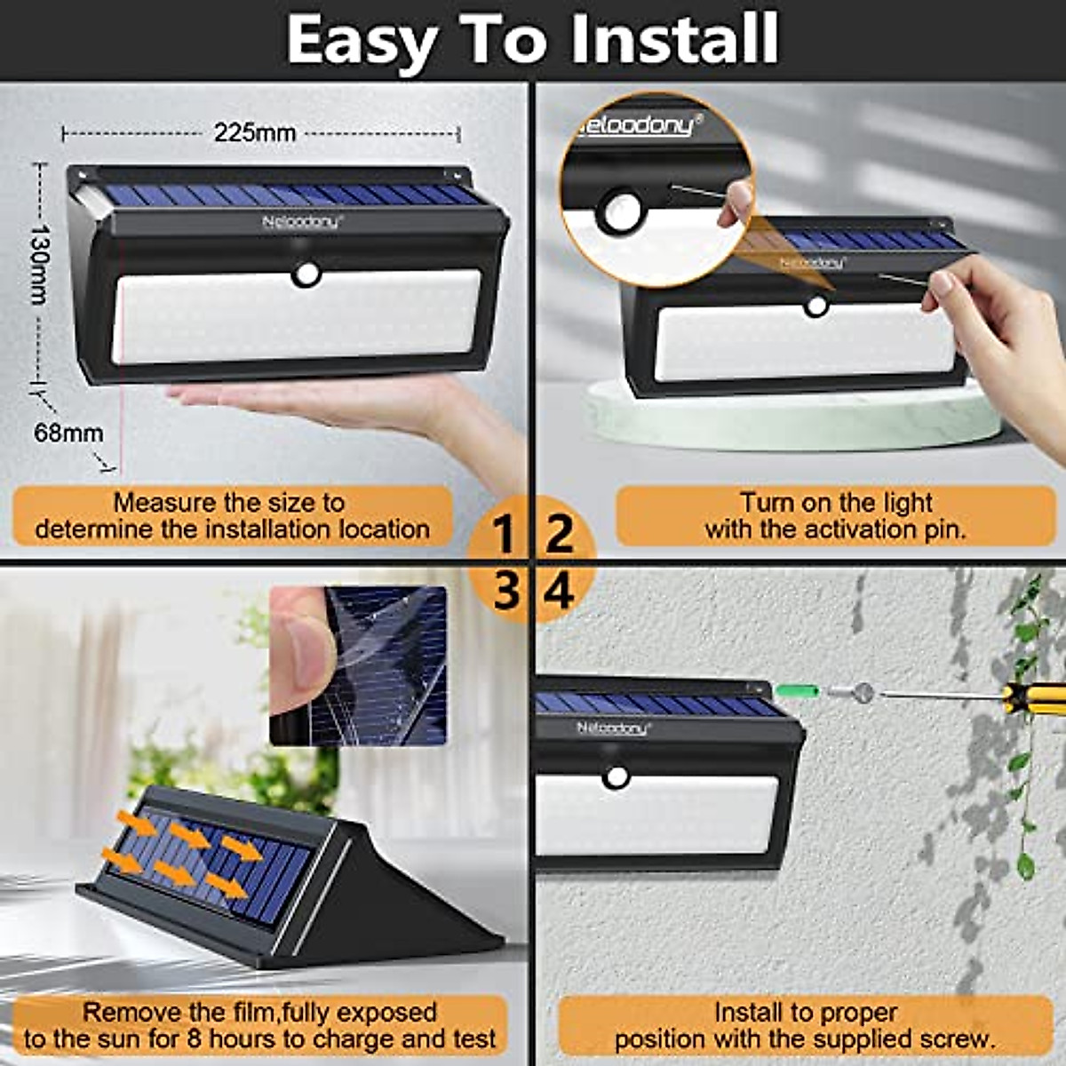 Neloodony Solar Outdoor Lights 100 LED Motion Sensor Solar Lights Wireless IP65 Waterproof Security Lights Solar Powered Outdoor Lights for Front Door Patio Garden Yard Wall (2000LM, 4Pack)