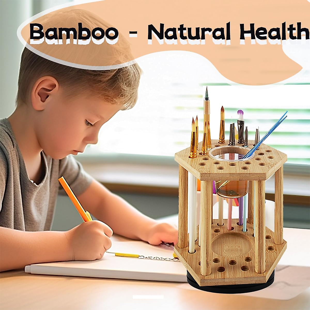 LITAITAI Paint Brush Holder Bamboo Paint Brush Holder,Rotating Watercolor Paint Brush Holder Display Stand and Organizer with 24Holes and 1 Big Hole for Desk, Arts and Crafts (1PCS)