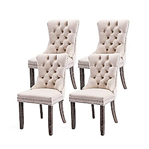 Virabit Upholstered Dining Chairs Set of 4, Velvet Tufted Dining Chairs with Nailhead Back and Ring Pull Trim, Solid Wood Dining Chairs for Kitchen/Bedroom/Dining Room (Beige)