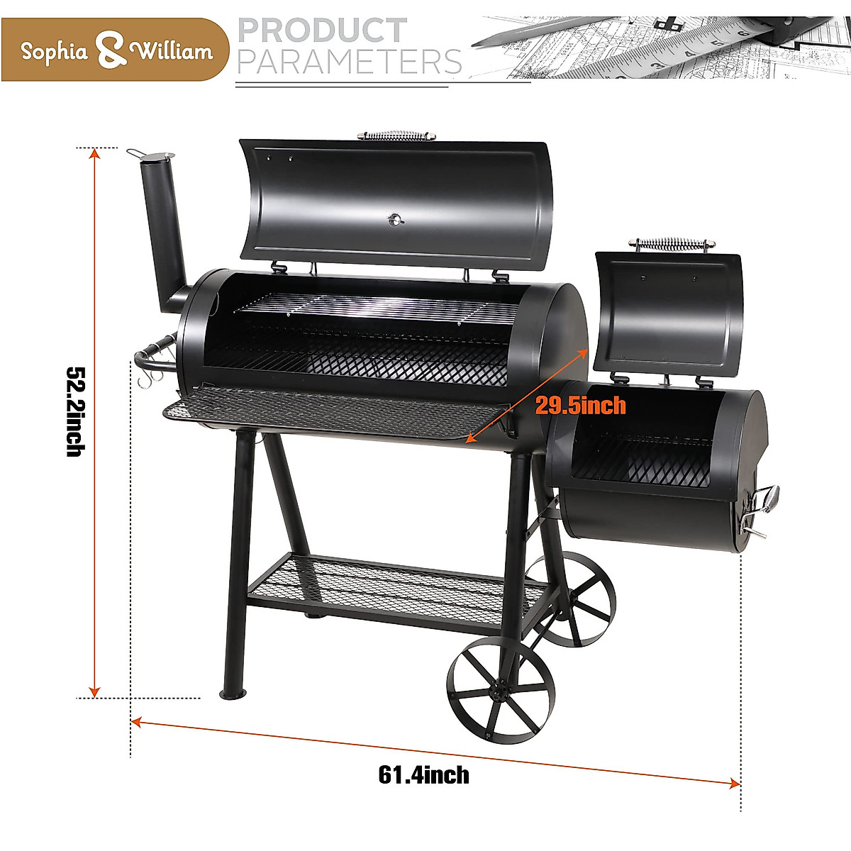Sophia & William Heavy-Duty Charcoal Outdoor Smoker Grills, Extra Large Offset Smoker (941 SQ.IN. Cooking Area), Charcoal Grill & Smoker Combo for BBQ Patio Cooking