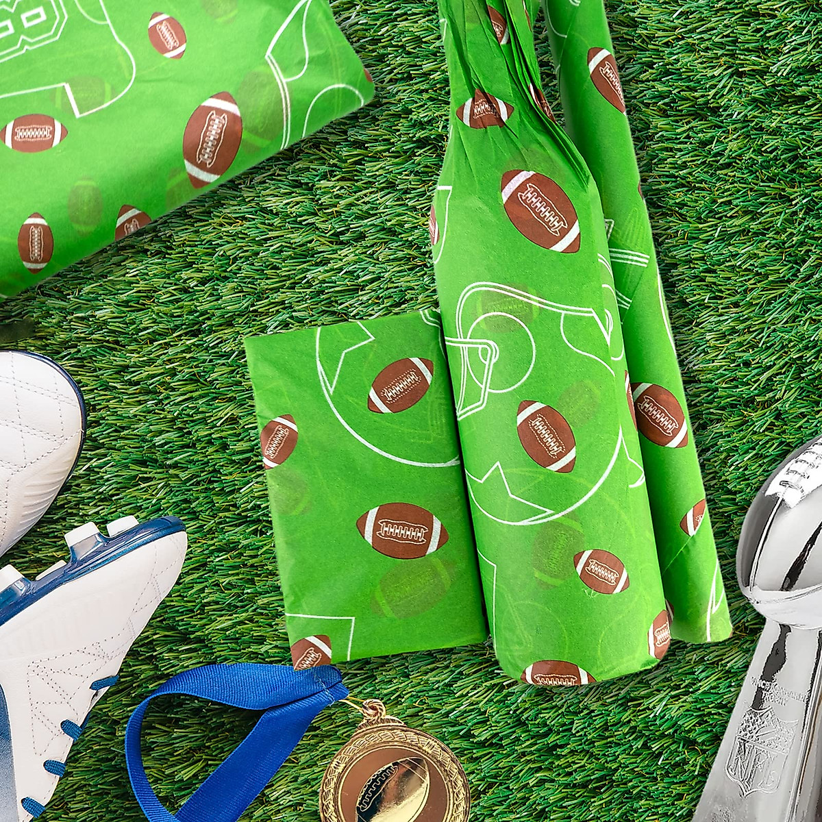 Hi Sasara 50 Sheets Large Football Tissue Paper Bulk,28 x 20 Inch,Brown Green Football Tissue Paper for Gift Bags,Brown and Green Football Tissue Paper for Football Party