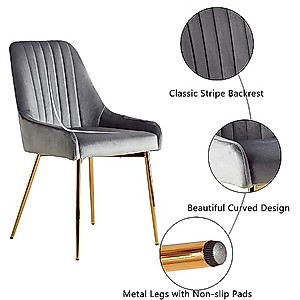 ANOUR Dining Chairs Set of 2, Modern Velvet Living Room Chairs, Kitchen Chairs with Gold Metal Legs, Upholstered Armless Chair for Kitchen Bedroom Vanity(Grey,2 Pack)