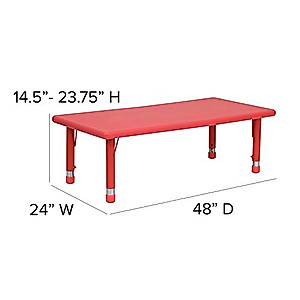 Flash Furniture 24''W x 48''L Rectangular Red Plastic Height Adjustable Activity Table Set with 6 Chairs