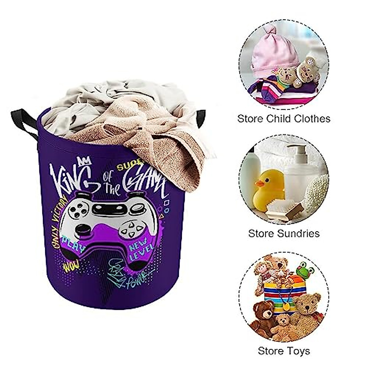 LynaRei Laundry Hamper Cool Game Joystick Small Dirty Clothes Storage Basket Purple Game Doodle Collapsible Waterproof Toy Organizer for Boys And Girls Bedrooms, Bathroom