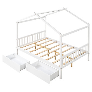 Full House Bed for Kids, Wooden Full Size Platform Bed Frame with 2 Storage Drawers, Headboard and Footboard, Montessori Bed, Full Storage Bed for Kids, Girls & Boys, No Box Spring Needed,White