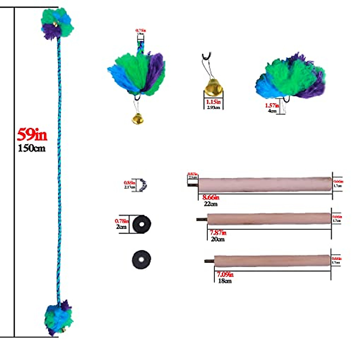 matafat 59Inch Bird Rope Perch,Bird Toys,1Pcs Bird Rope Stand & 3Pcs Wooden Bird Perch for Parakeets Cockatiels, Conures, Macaws, Lovebirds, Finches