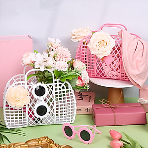 FIONUPI 24 Pcs Jelly Bags with Sunglasses for Women Wedding Jelly Purse Beach Bags Plastic Jelly Basket Flower Glasses for Bridal Wedding Party Gift