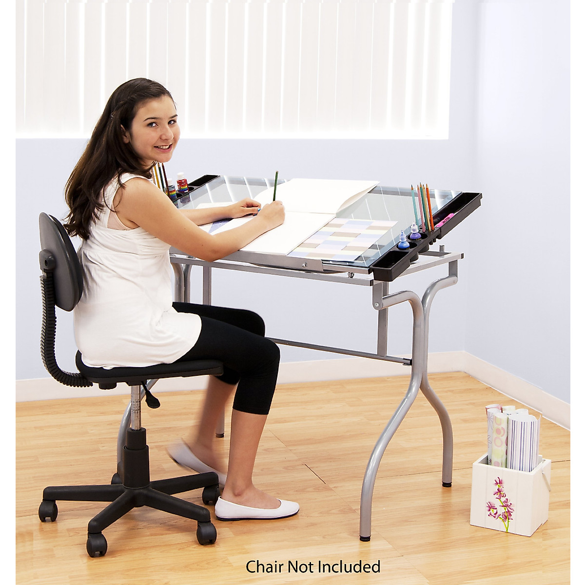 Studio Designs Folding Modern Glass Top Adjustable Drafting Table Craft Table Drawing Desk Hobby Table Writing Desk Studio Desk, 35.25" W x 23.75" D, Silver / Blue Glass