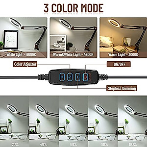 LANCOSC Magnifying Glass with Light and Stand, 5X 5 Inches Real Glass Lens, 3 Color Modes Stepless Dimmable LED Desk Lamp, Adjustable Arm Lighted Magnifier Light for Reading Repair Crafts - Black Gold