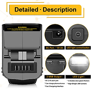 DSANKE USB Adapter Charger for Dewalt 20V Battery, Dual USB Charger & 12V DC Port & LED Work Light - Replacement for Dewalt DCB090,Compatible with All Dewalt 20V Battery DCB200 DCB206 DCB609 DCB606
