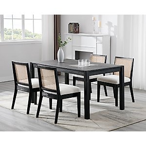 Farmhouse Rattan Dining Chairs Set of 4, Mid Century Modern Sherpa Boucle Kitchen & Dining Room Chairs, Upholstered Black Cane Dining Chair Kitchen Chairs Side Chairs with Black Hardwood Frame, White