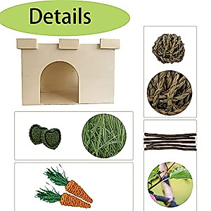 MUYG 12 PCS Guinea Pig House with Window Wood Hamster Castle Hideout Large Space Ventilation Wooden Chinchilla Hut withToys for Syrian Rat Hedgehog and Other Small Animals