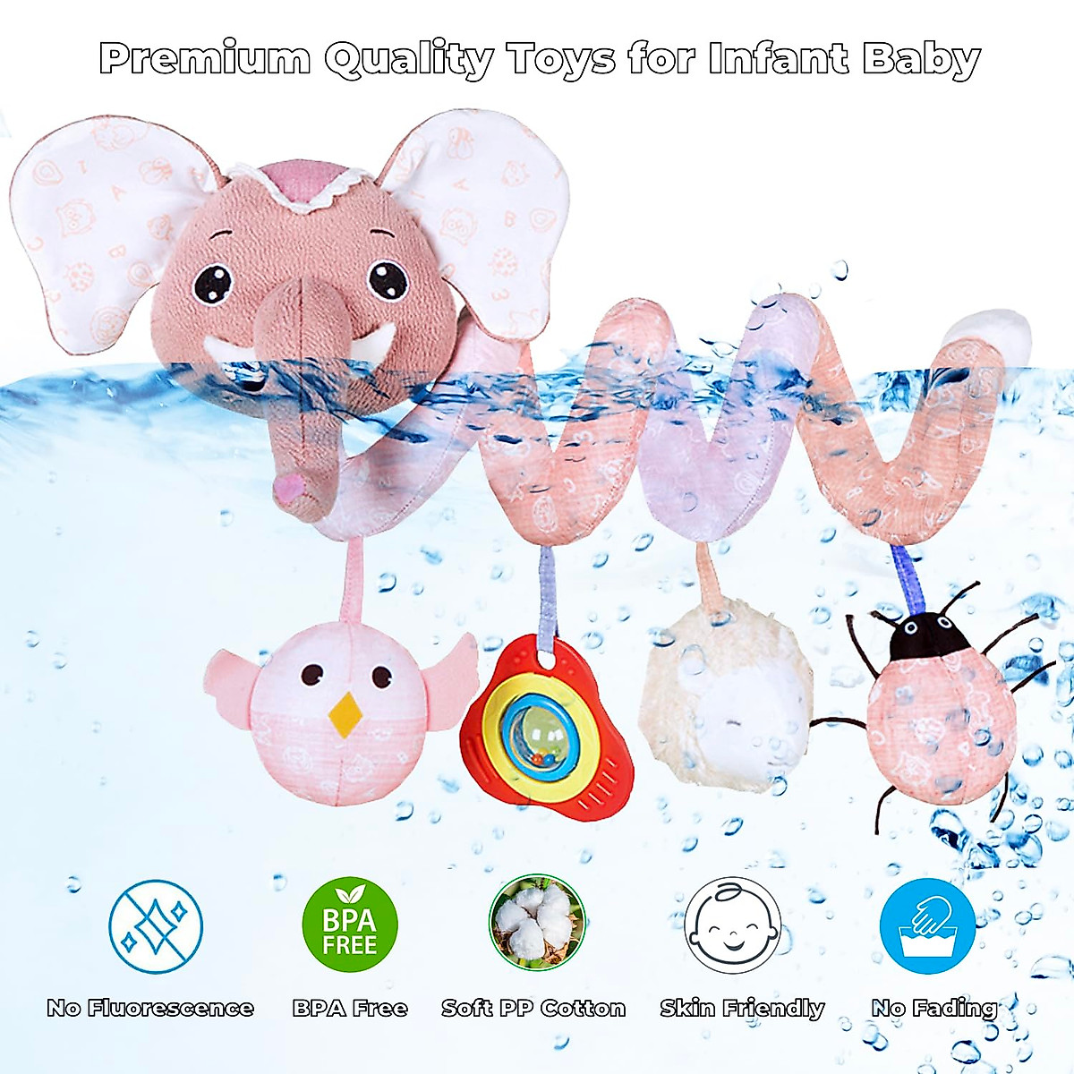 Car Seat Toys for Babies 0-6 Months, Infant Spiral Activity Toys Baby Gril Car Seat Toys 6-12 Months Hanging Stroller Toys for Baby Girls 0-6 Months with Musical Owl Rattle Sheep - Pink Elephant