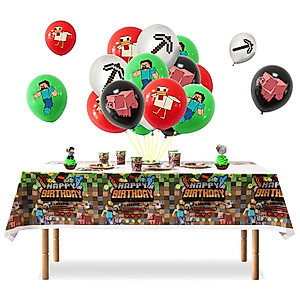 Nifasniy Birthday Party Supplies Decorations Favors Kit for Boys,Banner Plates Napkins Cups Tablecloth Balloons Forks Party Decor（Pixel）