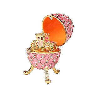 QIFU Vintage Pink Faberge Egg Style Enameled Trinket Box Hinged with Mini Royal Carriage