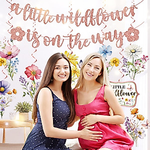 Cocomigo Wildflower Baby Shower Decorations Banner Hanging Swirls, 17pcs Floral Baby Shower Decorations for A Little Wildflower is on Her Way Baby Shower, Flower Baby Shower Decorations Rose Gold