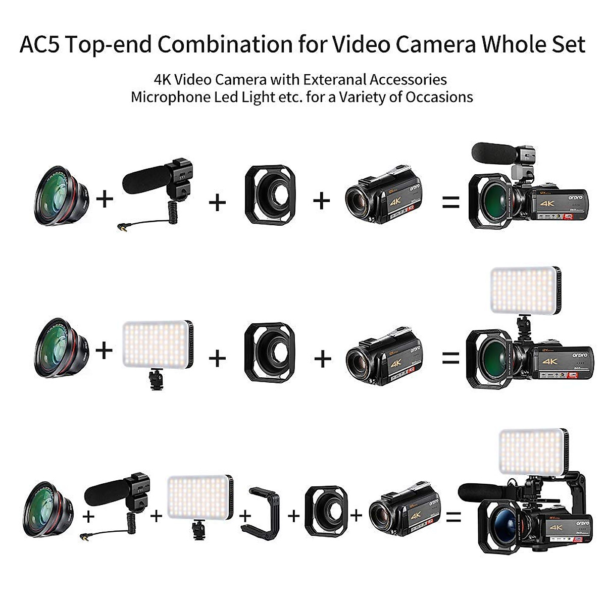 ORDRO 4K Video Camera Camcorder AC5 UHD Camcorder with 12x Optical Zoom 3.1" IPS HD 1080P 60FPS Digital WiFi Vlog Camera Camcorder with Microphone, Video Light, Wide Angle Lens and 64G SD Card