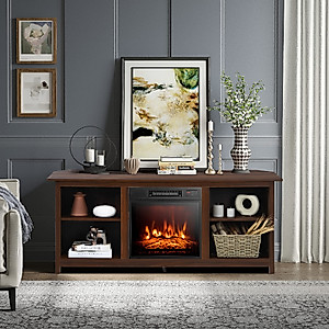 Electric Fireplace TV Stand for 65 Inch TV, 58 Inch Farmhouse Entertainment Center with 18" Fireplace, 6H Timer & Remote Control, 4 Storage Cabinet, Brown