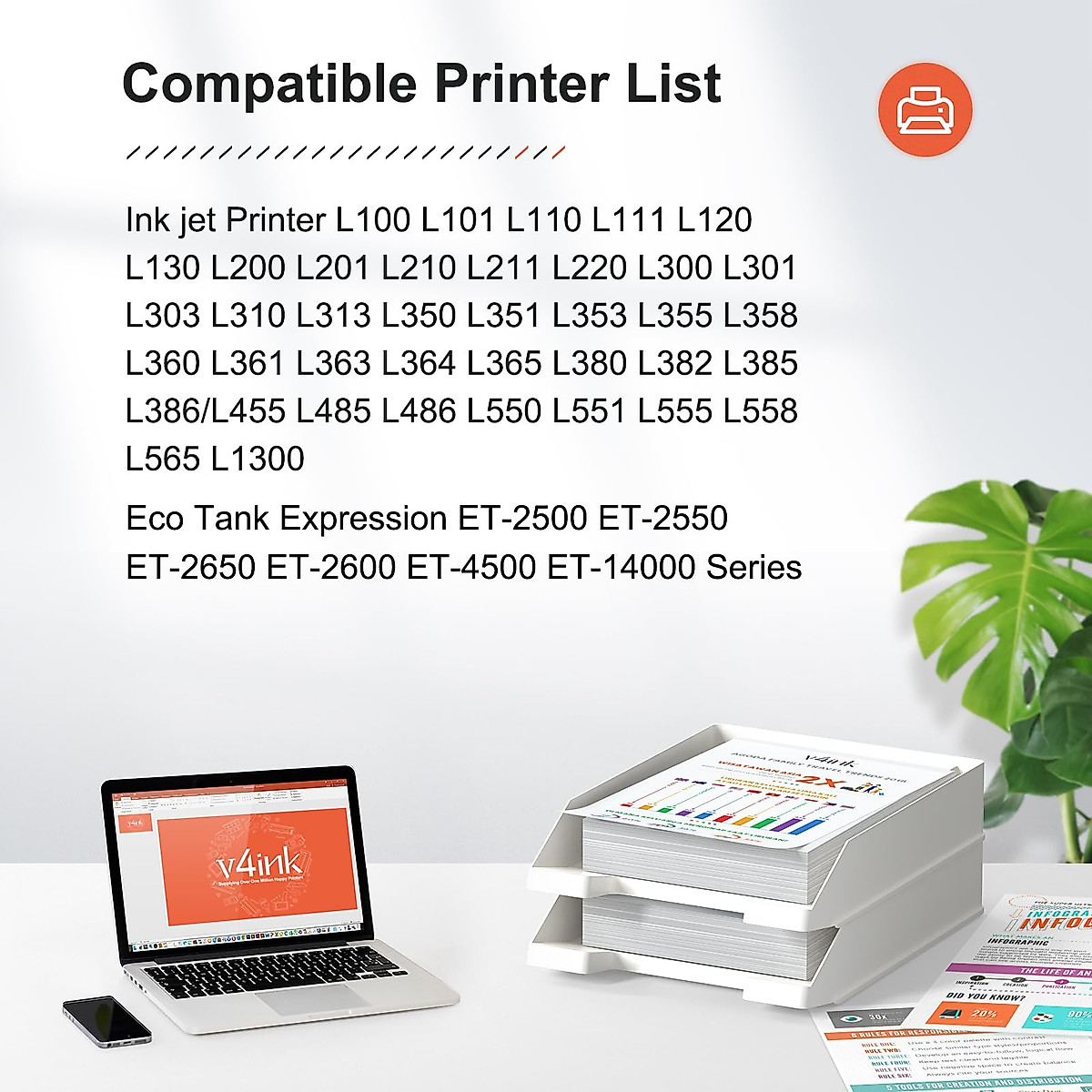 v4ink Compatible 664 XL Refill Ink Bottle Replacement for 664 XL T664 for Use with Epson EcoTank ET-2500 ET-2650 ET-4500 L210 L310 L120 L485 L350 Printer T664120 T664220 T664320 T664420-5 Bottles