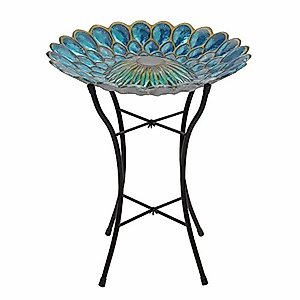 Peaktop Handpainted Mosaic Fusion Glass Solar Birdbath Bowl Feeder with LED Light for Outdoor Patio Garden Backyard Decking, 21 Inch Height, Blue