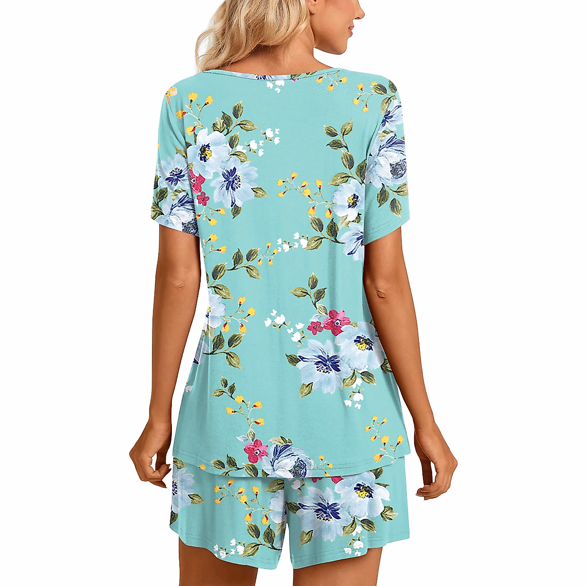 TAOHUADAO Womens Summer 2 Piece Pajama Sets, Short Sleeve Pleated Tunic Tops with Comfy Shorts, Lounge Sleepwear Ladies Pjs Sets with Pockets 2XL, Mint Green