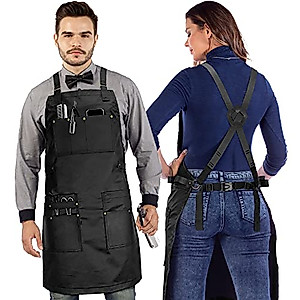 Under NY Sky Barber Black Apron - Leather Straps, Pockets, Reinforcements - Crossback - Coated Black Twill, Tool Pockets, Split-Leg – Adjustable for Men, Women – Barista, Bartender, Hairstylist, Salon