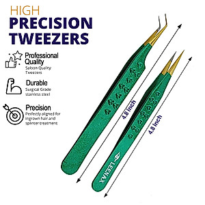 Leenax 2 Pieces Fiber Tip (Anti – Slip) Eyelash Extension Tweezers, Straight And 45-Degree Volume Tweezers, Japanese Stainless Steel, Hearts Design (Green).