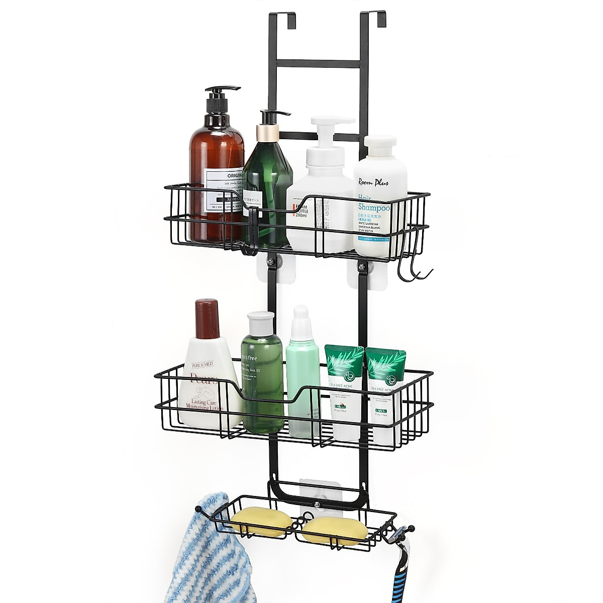 Over The Door Shower Caddy, Hanging Storage Rack, Shower Basket with Suction Cup, Over Door Bathroom Shower organizer Hanging with Hooks and Soap Holder, No Drilling (3-Layer, Black)