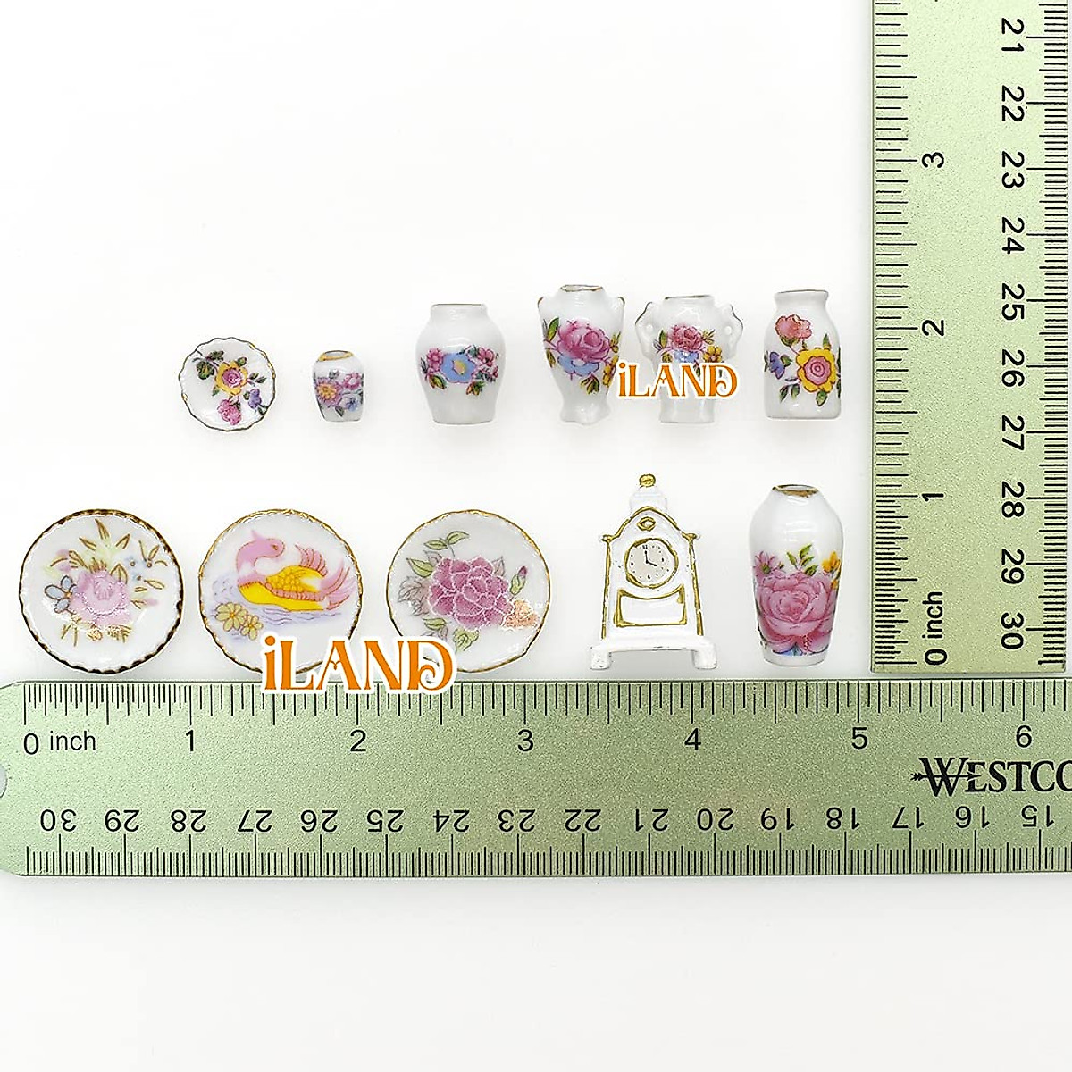 iLAND Miniature Dollhouse Accessories for Dollhouse Furniture, Mini Porcelain Vases and Decorative Plates w/a Desk Clock (Elegant Rose 11pcs)