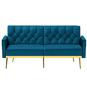 ACMEASE Velvet Sofa Bed w/Adjustable Armrests and Backrests, Modern Convertible Sleeper Sofa, Tufted Futon Sofa for Bedroom, Living Room, Apartment, Teal