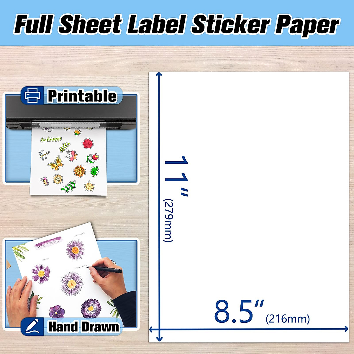 Koala 100 Sheets Sticker Paper Matte White, 8.5x11 Inch Printable Full Sheet Label Paper for Inkjet Printers
