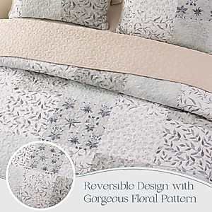 Exclusivo Mezcla Reversible Boho Quilt Set Queen Size, 3 Pieces Patchwork Gray All Season Bedspreads, Ultra Soft Floral Coverlet Bedding Set with Printed Pattern (1 Quilt, 2 Pillow Shams)