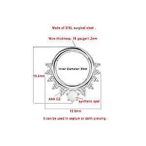 FANSING White Opal Septum Rings for Women 16 Gauge Septum Clicker Surgical Steel Septum Piercing Rings 16g Septum Jewelry 8mm Spike Septum Hoop with Clear CZ