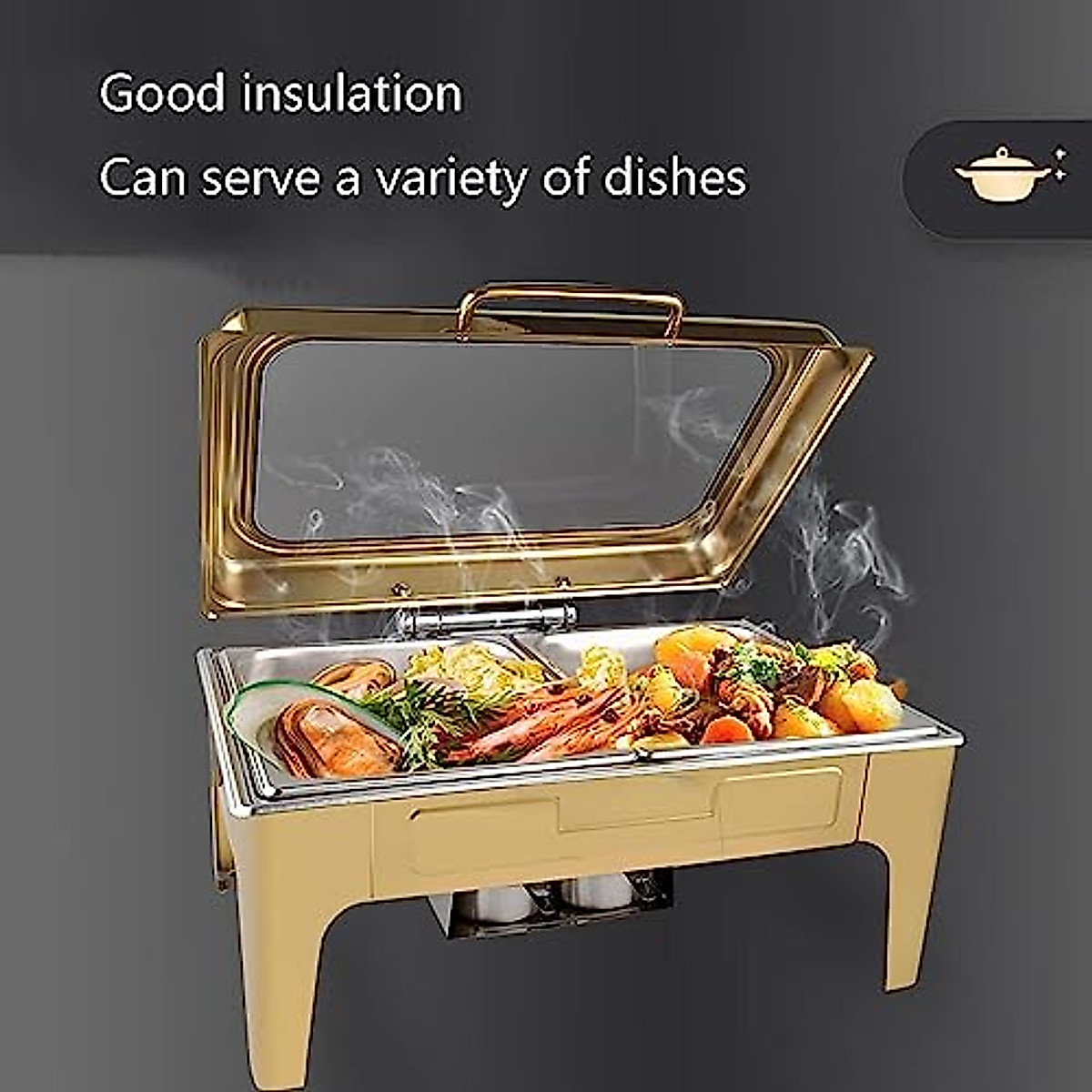 Food Warming Buffet Servers - Stainless Steel Buffet Hot Plates, Table Buffet Heaters, Covered Servers, Food Warmers for Party Buffets, Fondue Buffet Sets.(Size:9L,Color:semi-Gilding) (Semi Gilding)