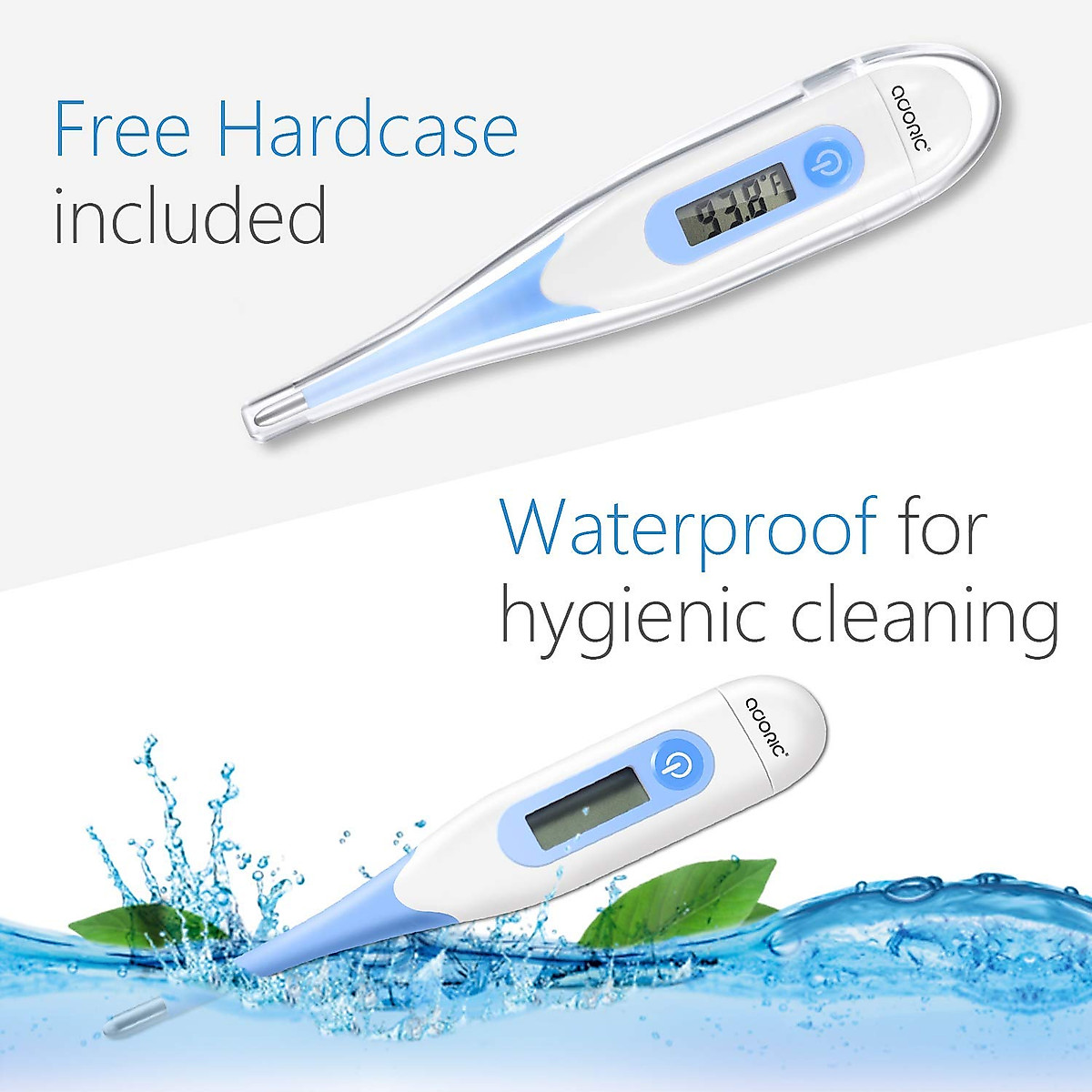 ADORIC Digital Waterproof Medical Thermometer with Fever Warning, Bright Blue