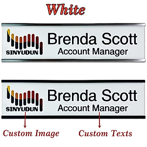 2" x 8" Personalized Aluminum Name Plates, Custom Office Desk or Wall Name Plates, Can Add Custom Logo Image and Texts, Two Name Plates Colors Silver, White, Holders are Optional (Custom Image+Text)