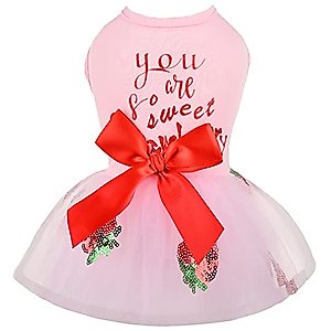Dog Dress Sequins Strawberry Tulle Puppy Clothes Costumes Outfits for Small Dogs Girl (Large, Pink)