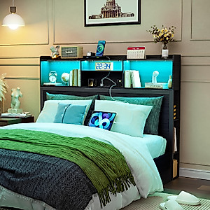 PAKASEPT Queen/Full Headboard Only for Bedroom, Stylish Bookcase Headboard with Charging Station & LED Lights, Headboards with Storage, 4-Tier Bookcase Headboard and Side Storage, Black