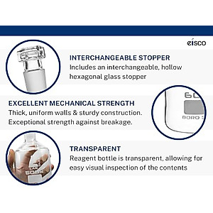 EISCO Reagent Bottle, 2000ml, 34/35 Interchangeable Hexagonal Hollow Stopper - Narrow Mouth - Borosilicate Glass Labs