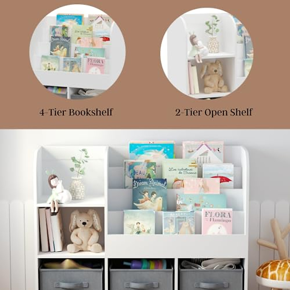 AOCOROE Kids Bookshelf, Wooden Bookcase, Toy Storage Cabinet Organizer with 4-Tires Bookshelf, Book Organizer with 3 Collapsible Fabric Drawers