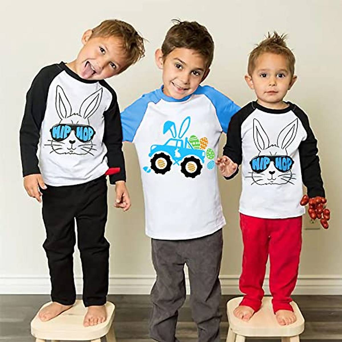 Toddler Boys Girls Easter Shirts Blue Raglan Long Sleeve Tees Kids Bunny Monster Truck Graphic Tops 5T