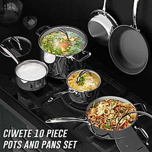 Ciwete Stainless Steel Pots and Pans Set 10 Piece, Kitchen Cookware Set with Nonstick Frying Pans and Glass Lids, Induction Cookware Set, Including 2 Saucepans, Sauté pan, 2 Frying Pans, Stock Pot