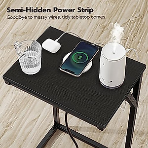 HOOBRO C Shaped End Table with Charging Station, Narrow Sofa Couch Side Table for Small Space, Industrial Bedside Table with Metal Frame for Living Room, Bedroom, Dorm, Black BB06USF01
