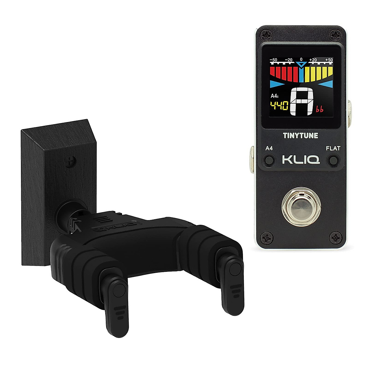 KLIQ TinyTune Tuner Pedal for Guitar and Bass and KLIQ Forte Wall-mount Instrument Hanger (Black) Bundle