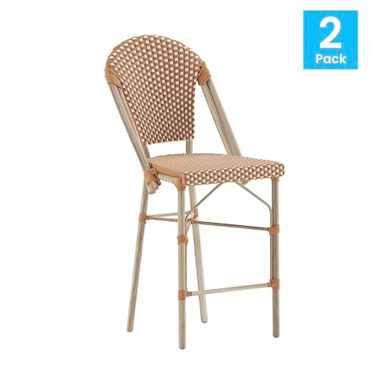 Flash Furniture Lourdes Commercial Grade Bistro Counter Stool, Stackable Indoor/Outdoor Dining Stool, 26"High, Natural/White-Light Natural Finish, Set of 2