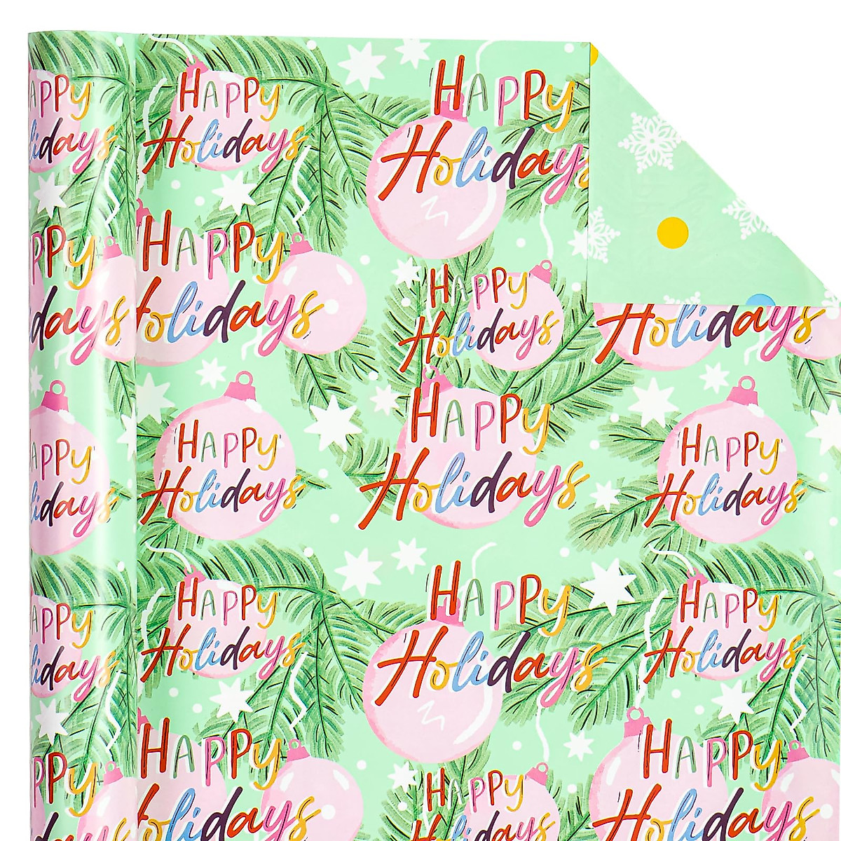 WRAPAHOLIC Reversible Christmas Wrapping Paper - Mini Roll - 17 Inch X 33 Feet - Happy Holiday Lettering with Christmas Ball Design for Chrsitmas, Holiday, Party Celebration