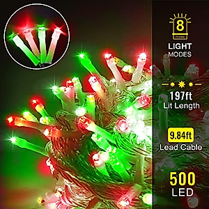 Heceltt Christmas Lights Outdoor, 197FT 500 LED Christmas Lights 8 Modes and Timer Memory Function Christmas String Lights Waterproof Plug in for Xmas Wedding Party Holiday Decor