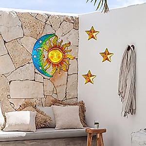 Sun Moon Star Wall Art Sculpture Decor - 4 PCS Large Metal Sun and Moon Wall Art Outdoor Sun Moon Wall Hanging Decor Artistic Sun Face Decor with Star Decors, Metal Wall Sculpture for Home Garden Patio Porch Fence Decoration