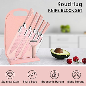 KoudHug Kitchen Knife Set, 9 pieces Pink Knife Set with Acrylic Block Cutting Board & Sharpener, High Carbon Stainless Steel Chef Knife Block Set for Cutting Slicing Dicing Chopping, Nonstick Coating