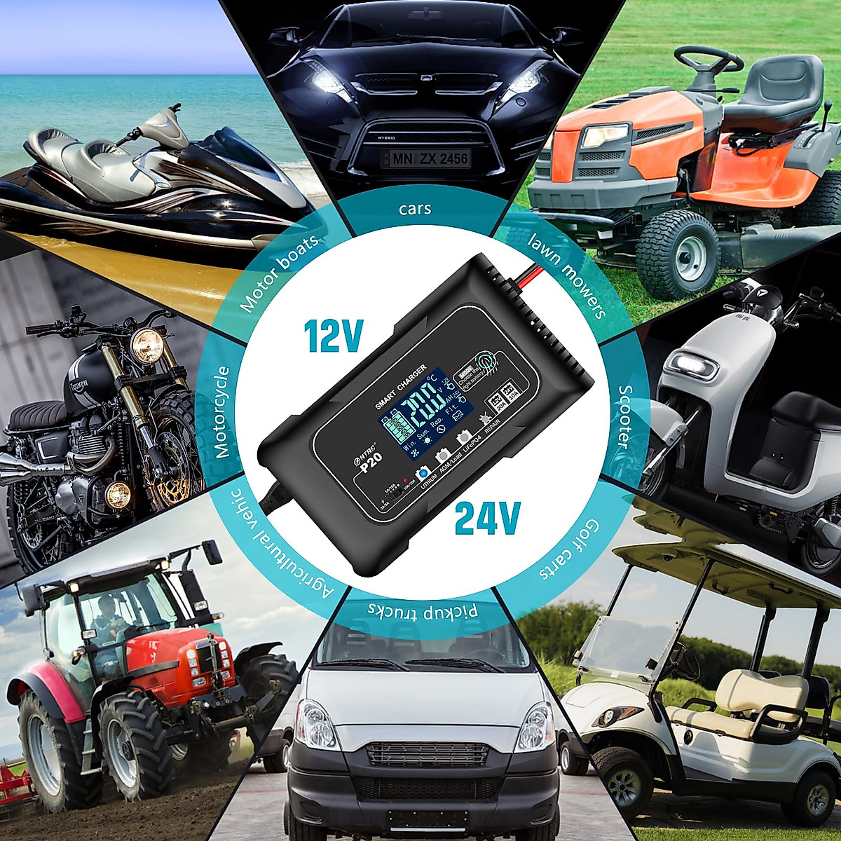 20-Amp Smart Battery Charger,12V/20A and 24V/10A.Lithium,Lifepo4,Lead-Acid(AGM/Gel/SLA..) Car Battery Charger,Trickle Charger, Maintainer/Pulse Repair Charger,for Car ,Boat,Motorcycle, Lawn Mower